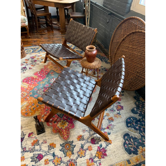 Mid-Century Modern Teak Scandinavian Woven Leather Strap Lounge Chairs ...