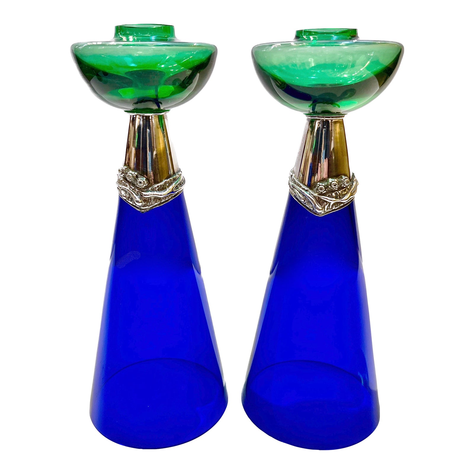 1980 Domar Israel Art Nouveau Style Green Cobalt Blue Glass Silver ...