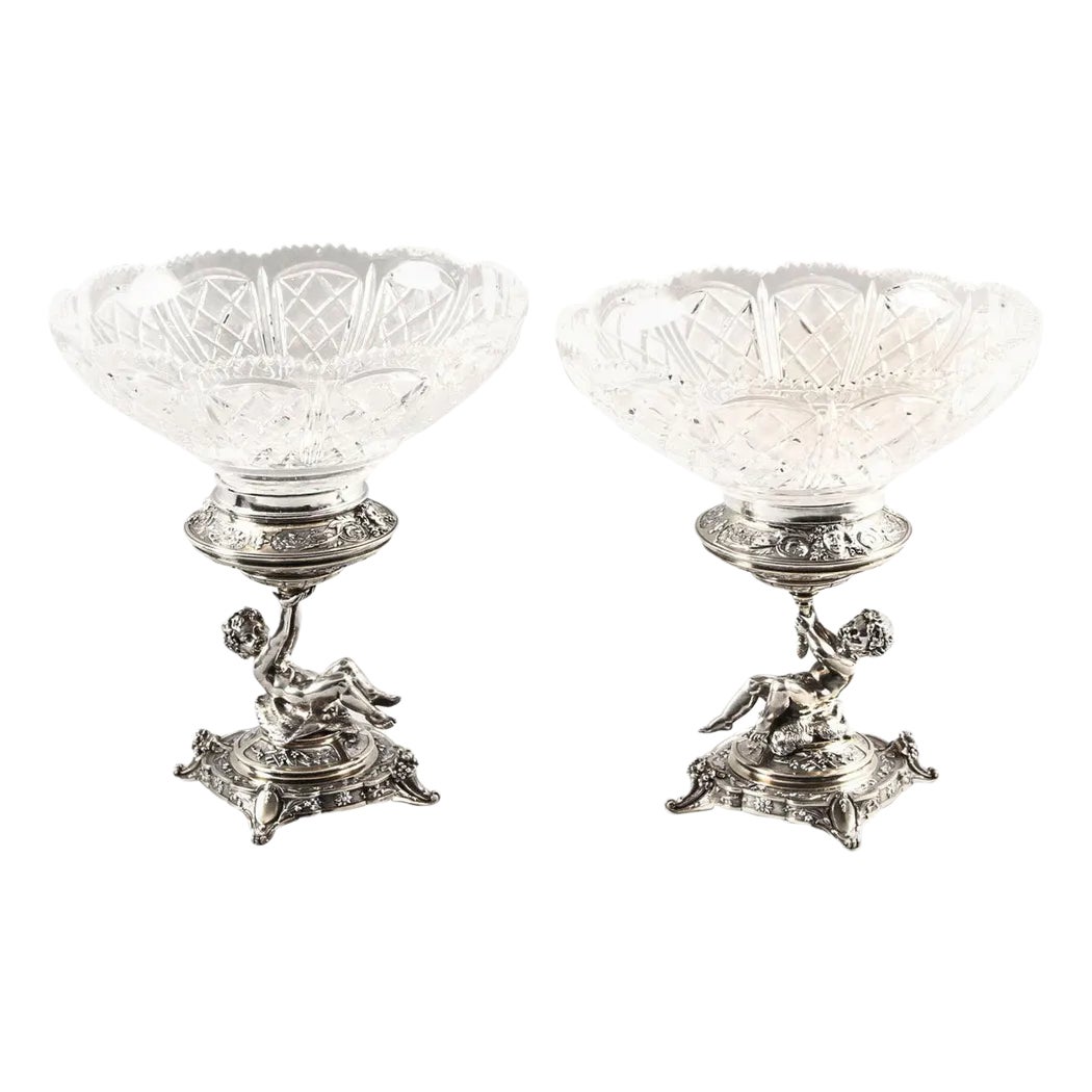 Victorian English Silver Plate and Cut Glass Centrepieces, 1883, Set of ...