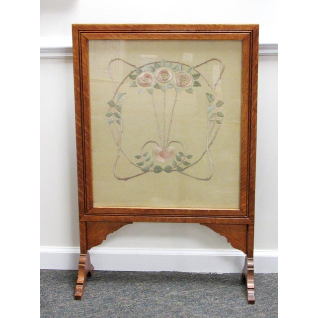 Arts and Crafts Nouveau Tiger Oak and Embroidery Fireplace Screen ...