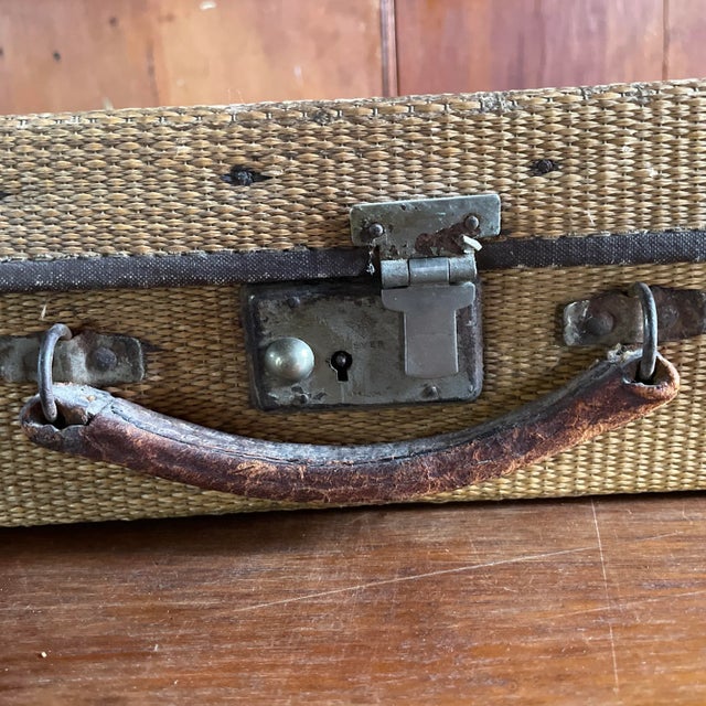 1900s Antique Edwardian Rattan Sisal Travel Suitcase with Leather ...