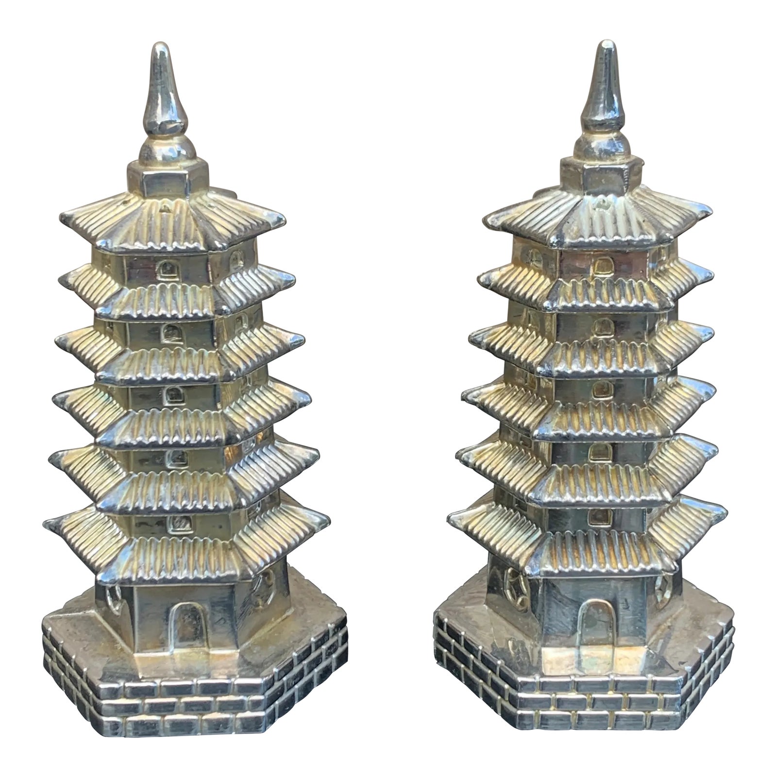 1970s Silver Godinger Chinoiserie Pagoda Salt and Pepper Shakers | Chairish