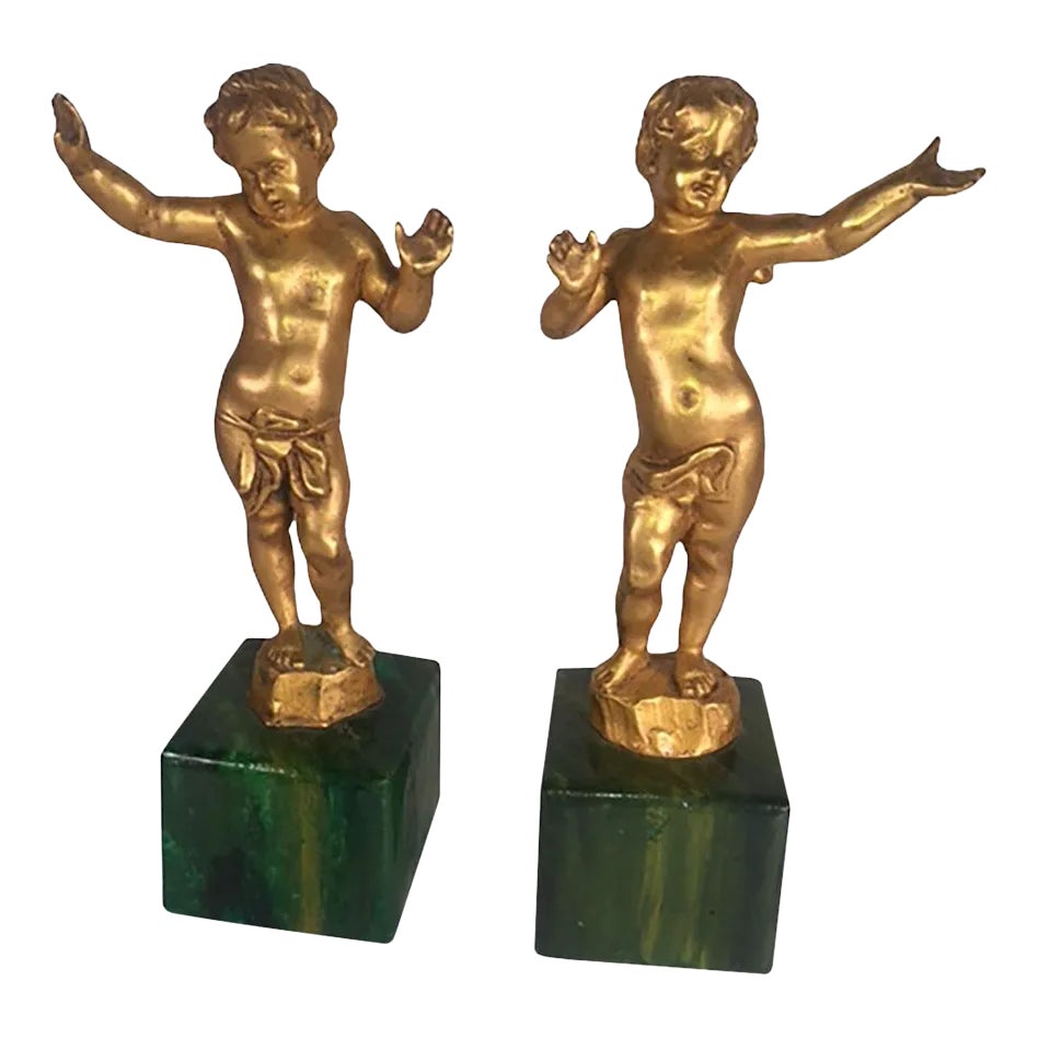 Gilded Italian Putti on Green Glass Bases - a Pair | Chairish