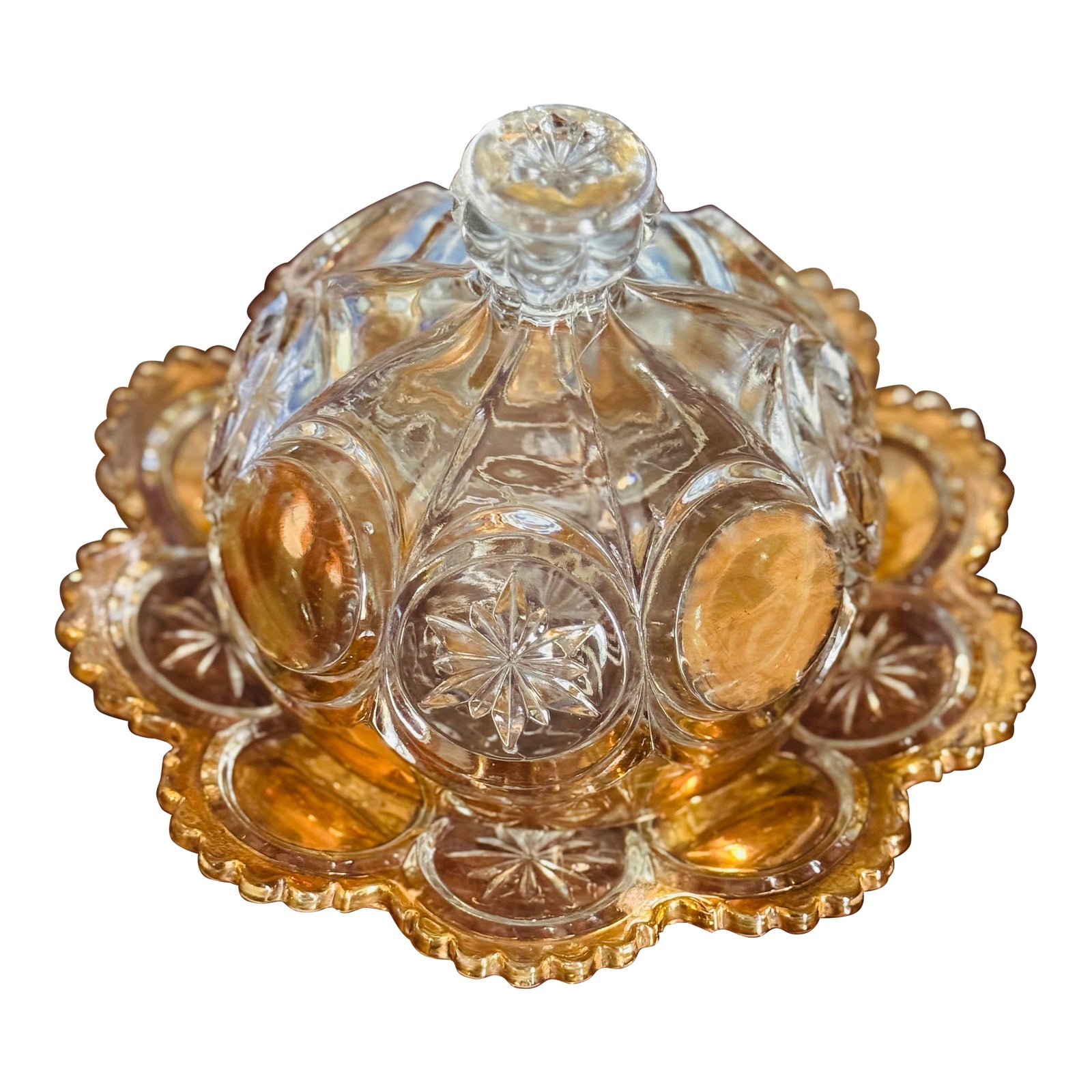 Antique USGlass Company Gold and Clear Butter Dish or Cloche | Chairish