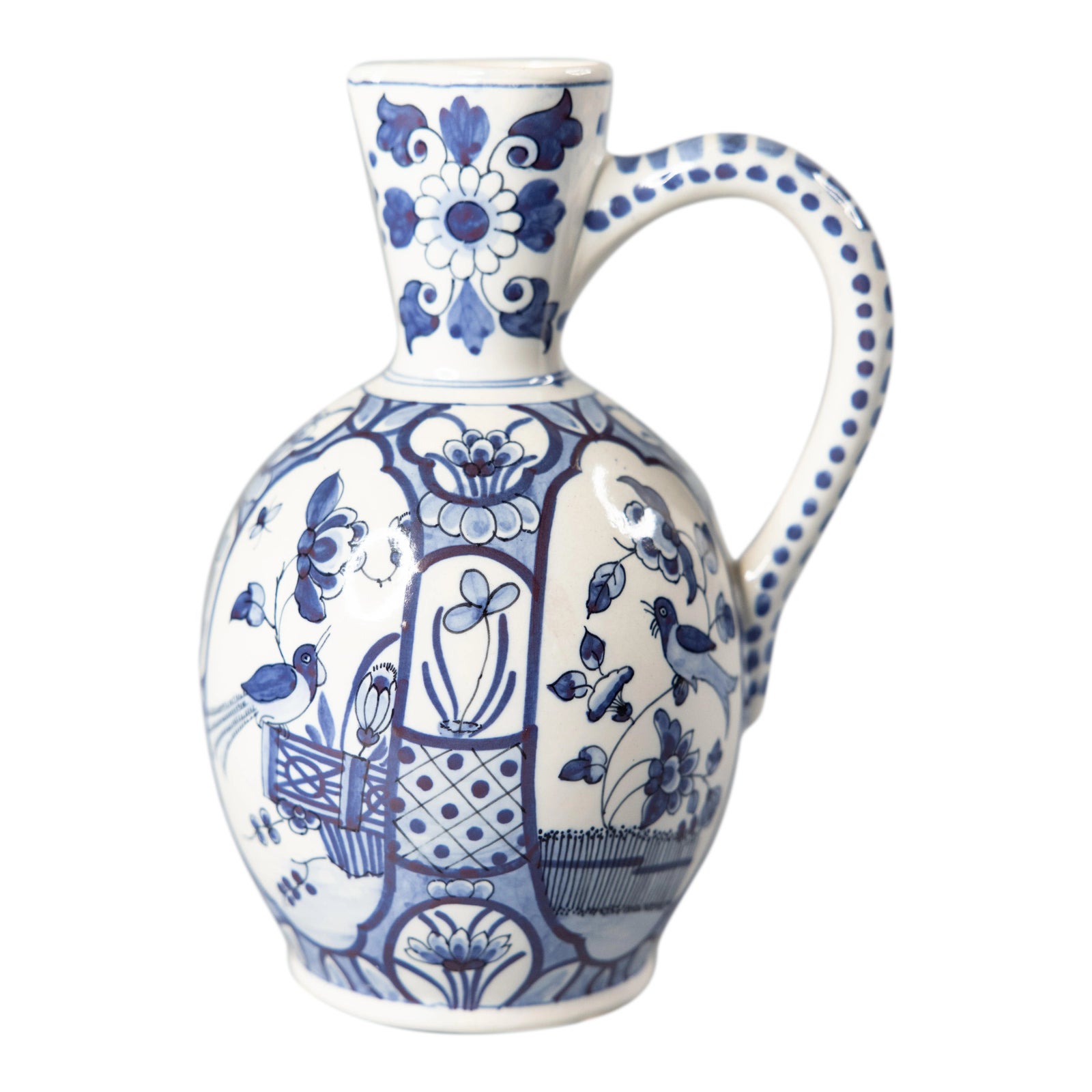 Antique Dutch Delft Faience Bird Floral Pitcher | Chairish