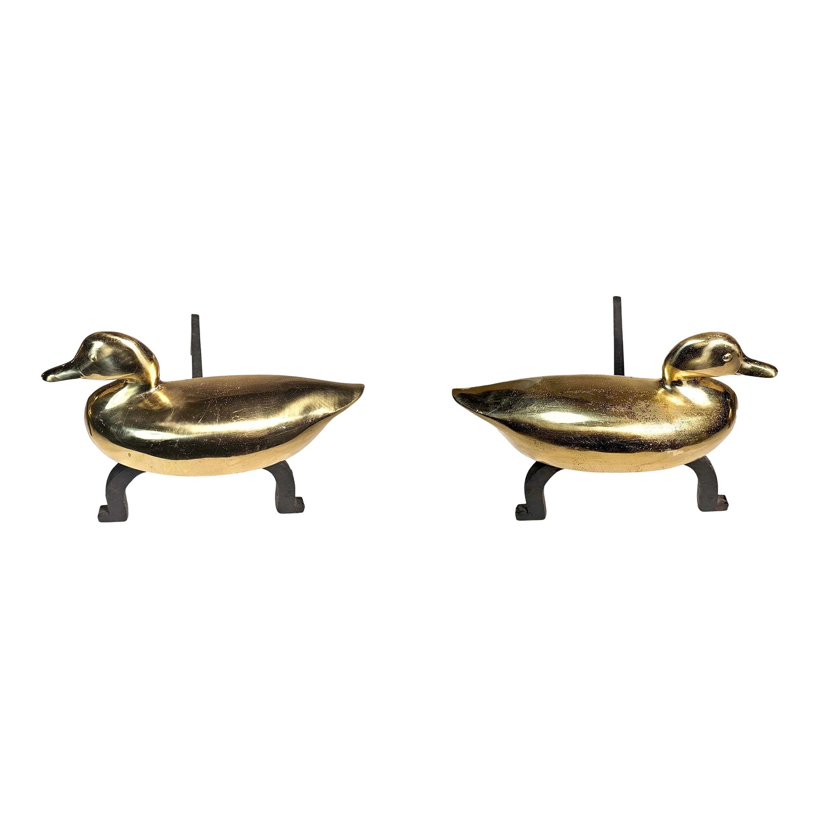 Mid 20th Century Pair of Vintage Brass Duck Fireplace Andirons | Chairish