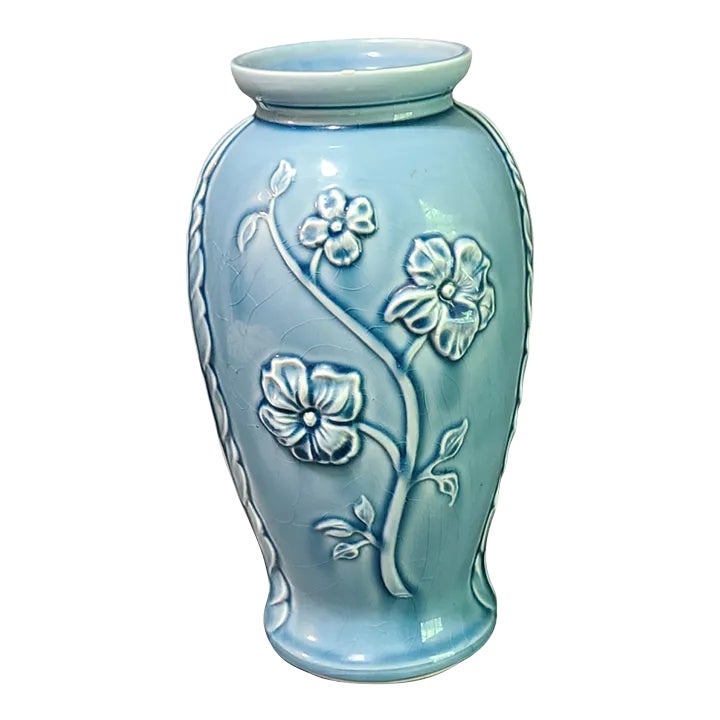 Vintage Blue Glazed Pottery Embossed Flowers Vase | Chairish