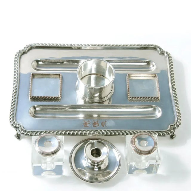 Early 1900s English Silver Plate Inkstand With Glass Inkwells | Chairish