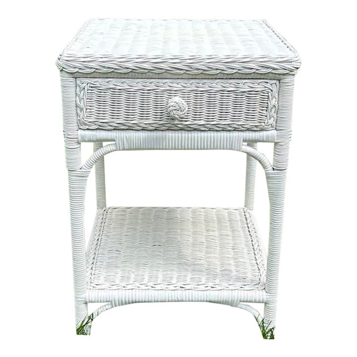 1990s White Wicker Night Stand Table | Chairish