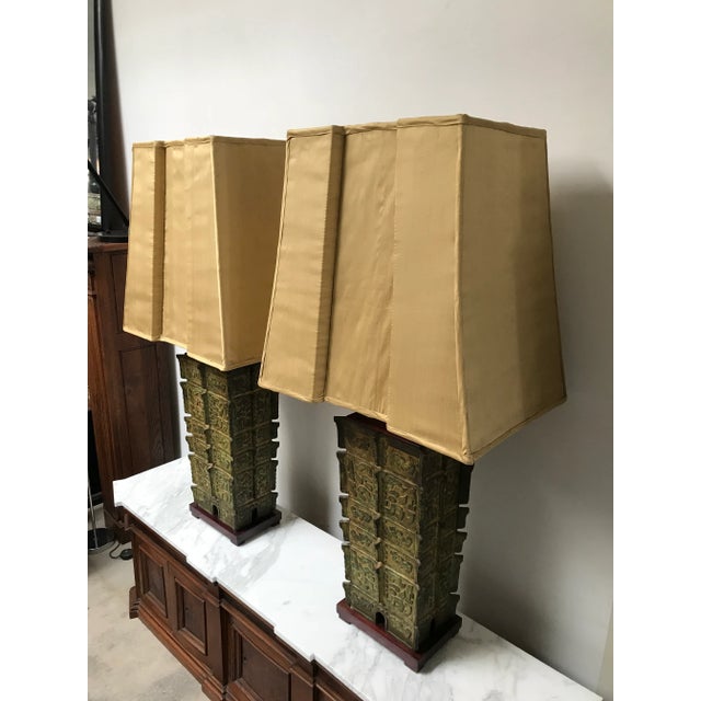 Monumental Archaic Chinese Bronze Lamps With Silk Shades - A Pair ...