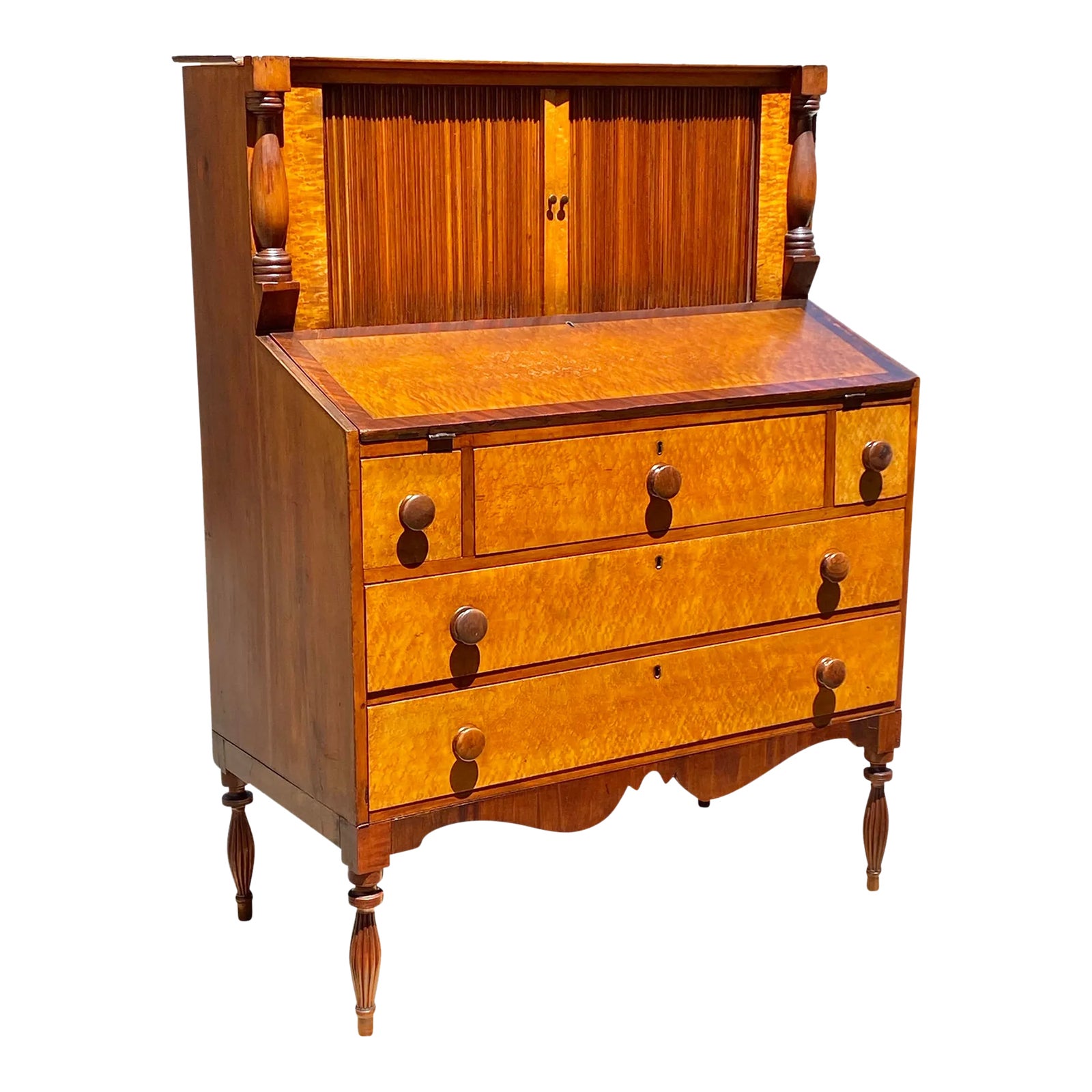 Antique Sheraton Birds Eye Maple & Cherry Vermont Tambour Secretary ...