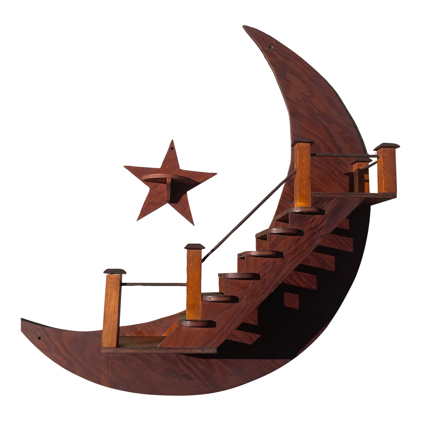 Vintage MCM Hand Made Crescent Moon Stair Step Wood Wall Shelf | Chairish