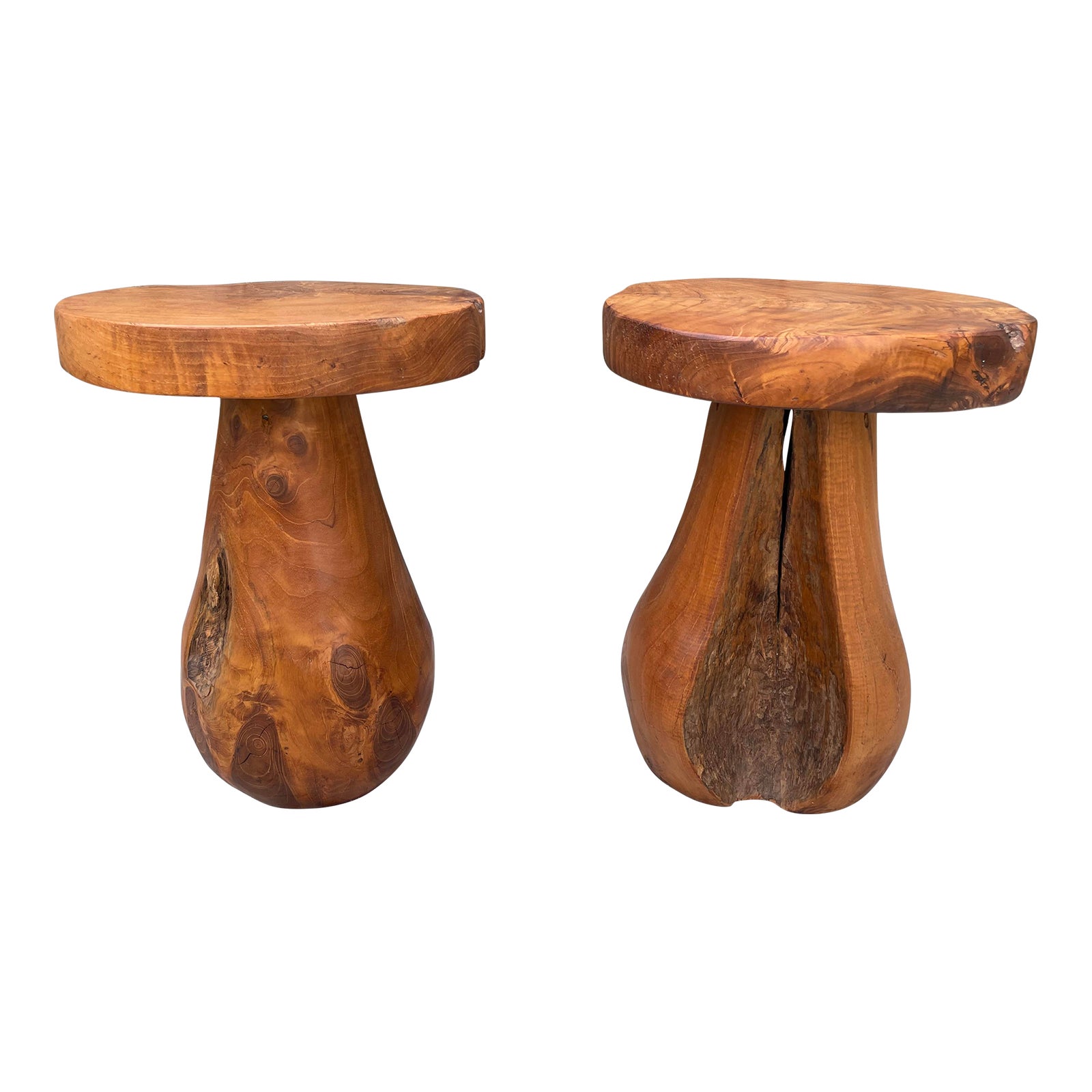 Mid 20th Century Rustic Solid Teak Wood Mushroom Tables - a Pair | Chairish