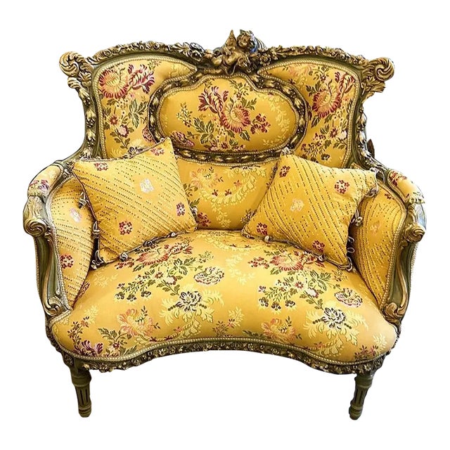 Rococo Style Yellow Sofa With Gold Details and Pillows | Chairish