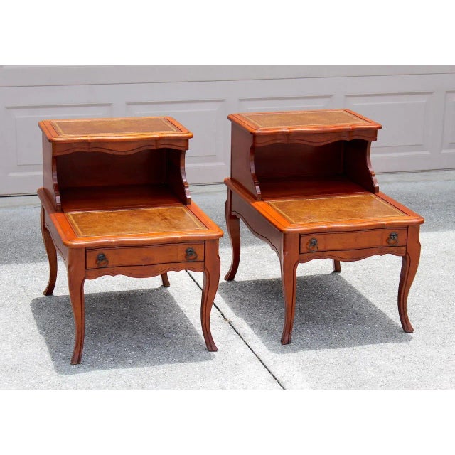 Pair of Vintage Two-Tier Leather Step Side Tables With Drawers | Chairish