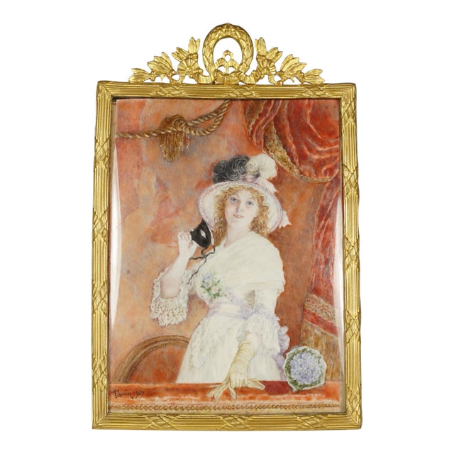 Early 1900s Antique French Miniature Portrait Lady With Mask Painting ...
