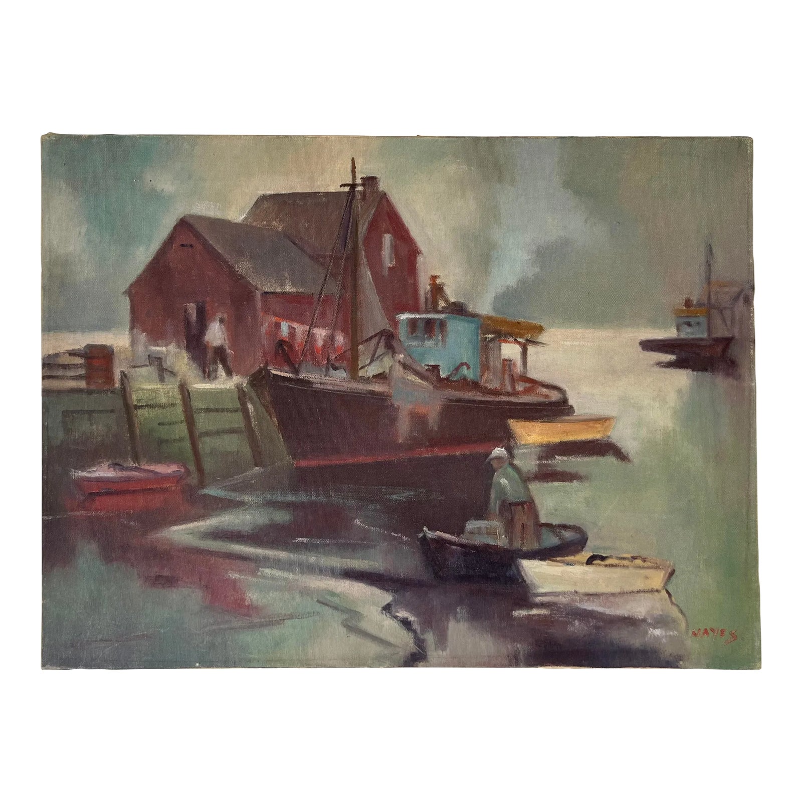1970s Mayes Boats Harbor Landscape Oil on Canvas Painting | Chairish