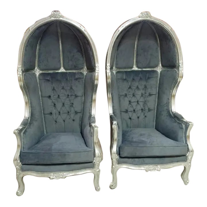 French Gray Tufted Velvet Canopy Chairs - a Pair | Chairish
