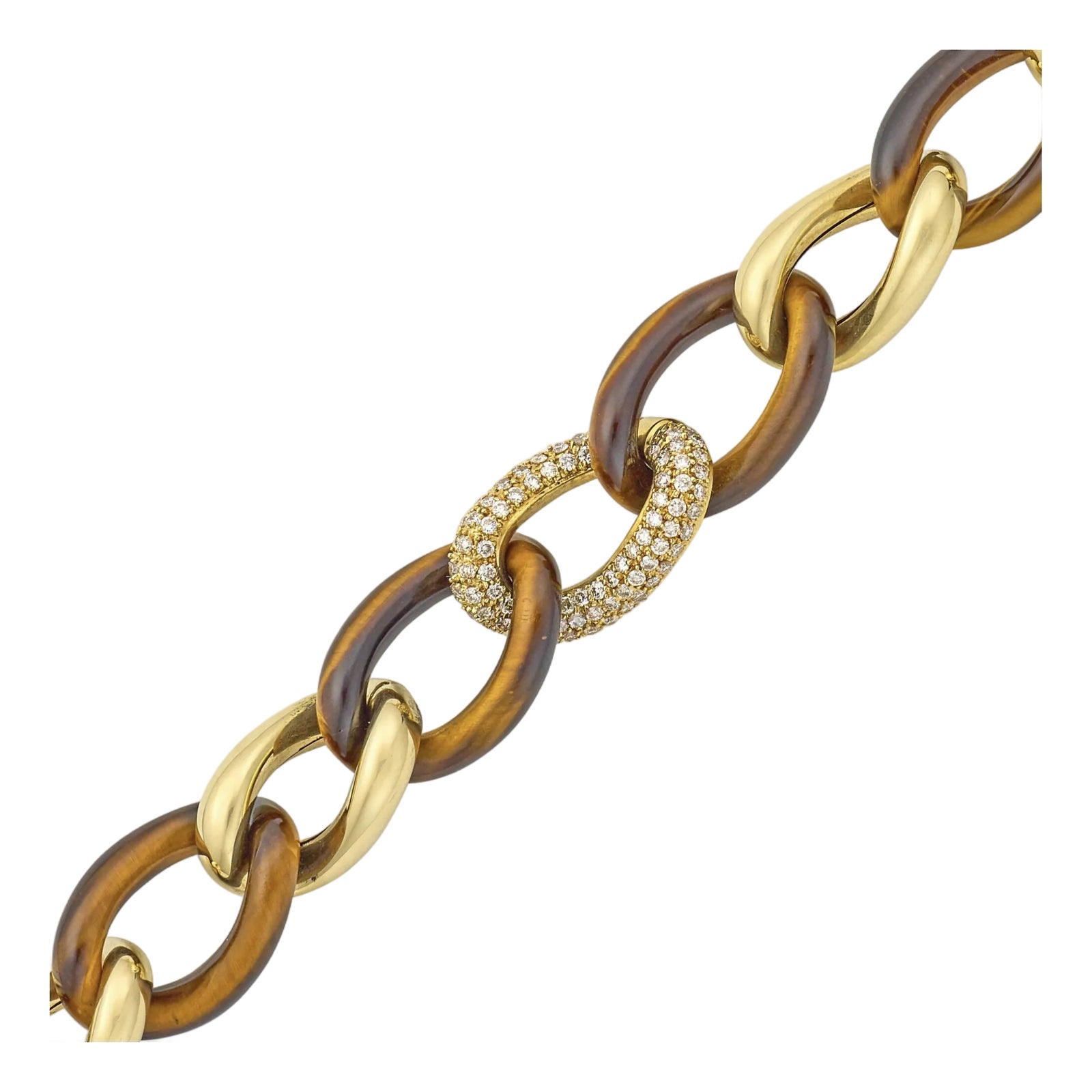 1960s Tigers Eye and Diamond Chain Link Bracelet Set in 18k Yellow Gold ...