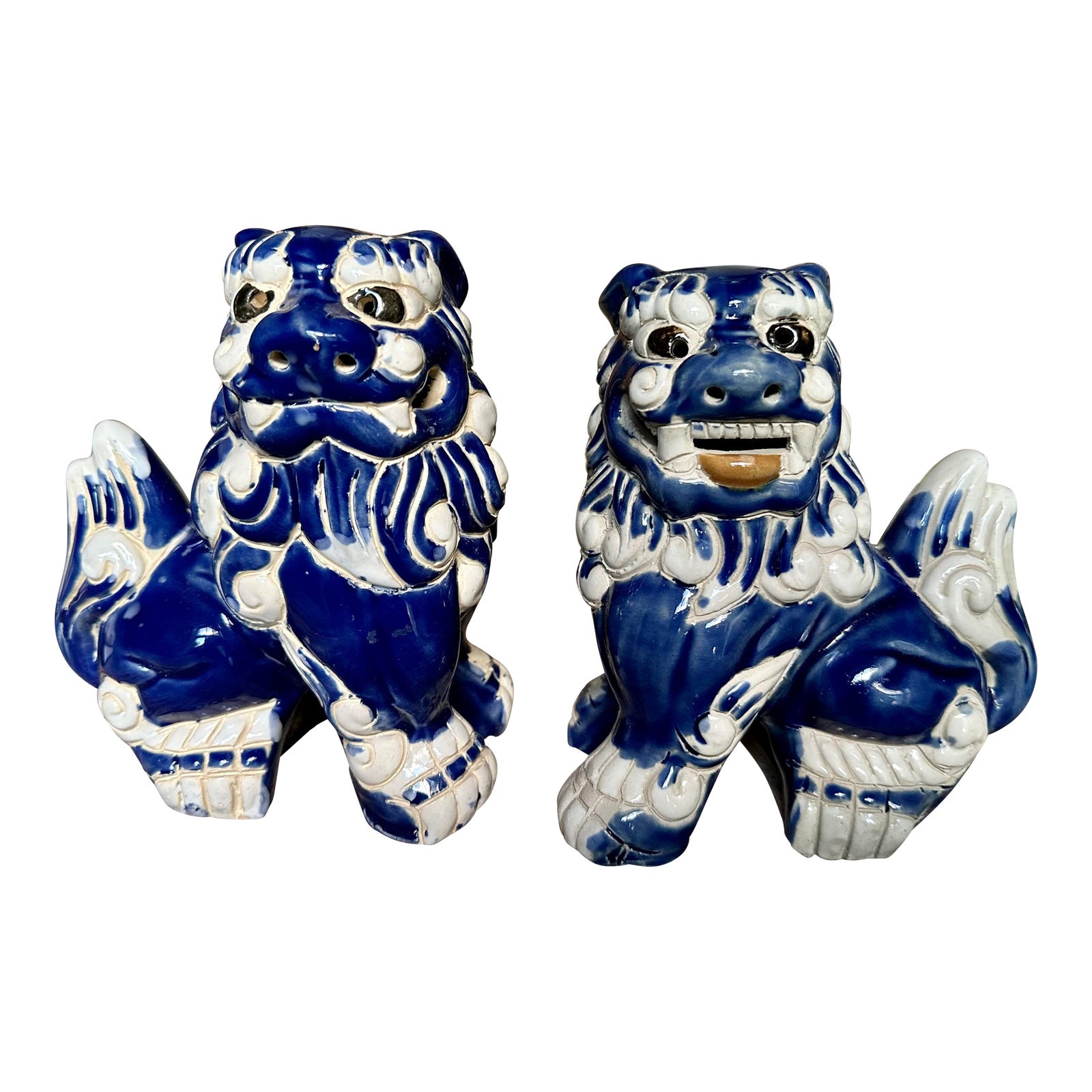 Pair of 1960s Vintage Foo Dogs With Blue Glaze | Chairish