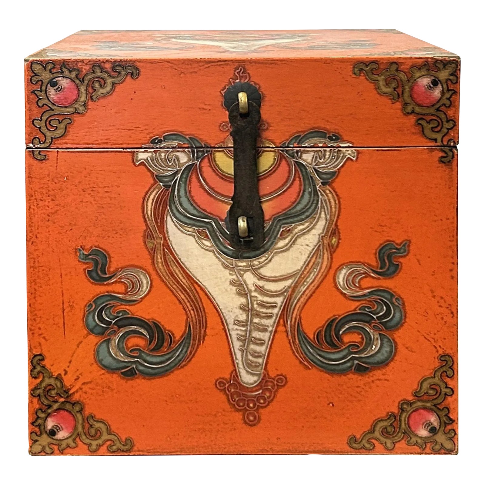 Chinese Distressed Orange Conch Graphic Square Shape Box | Chairish