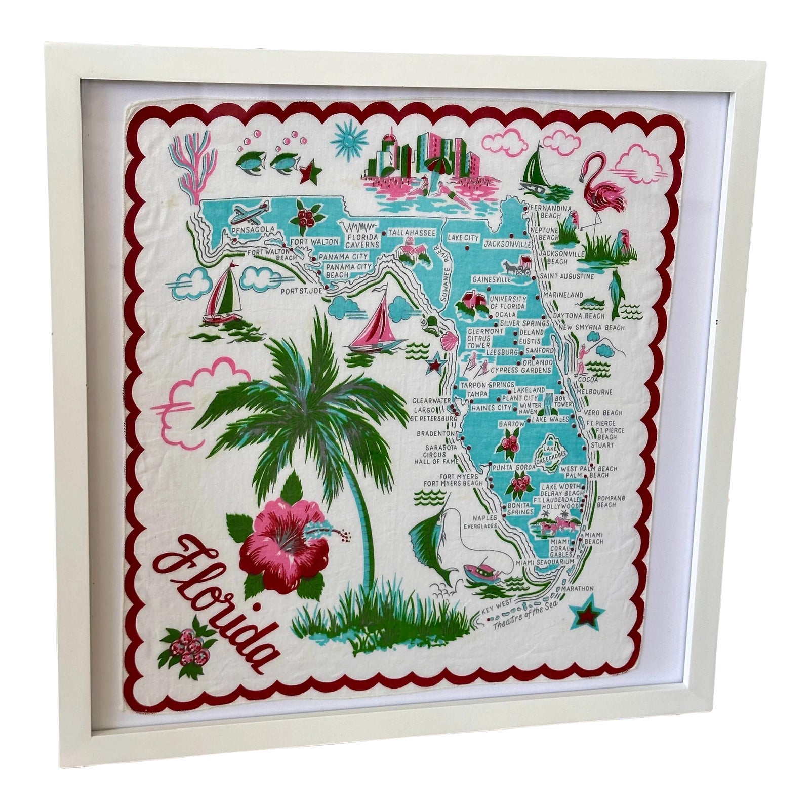 Vintage Coastal Florida Handkerchief White Framed Wall Textile Art ...
