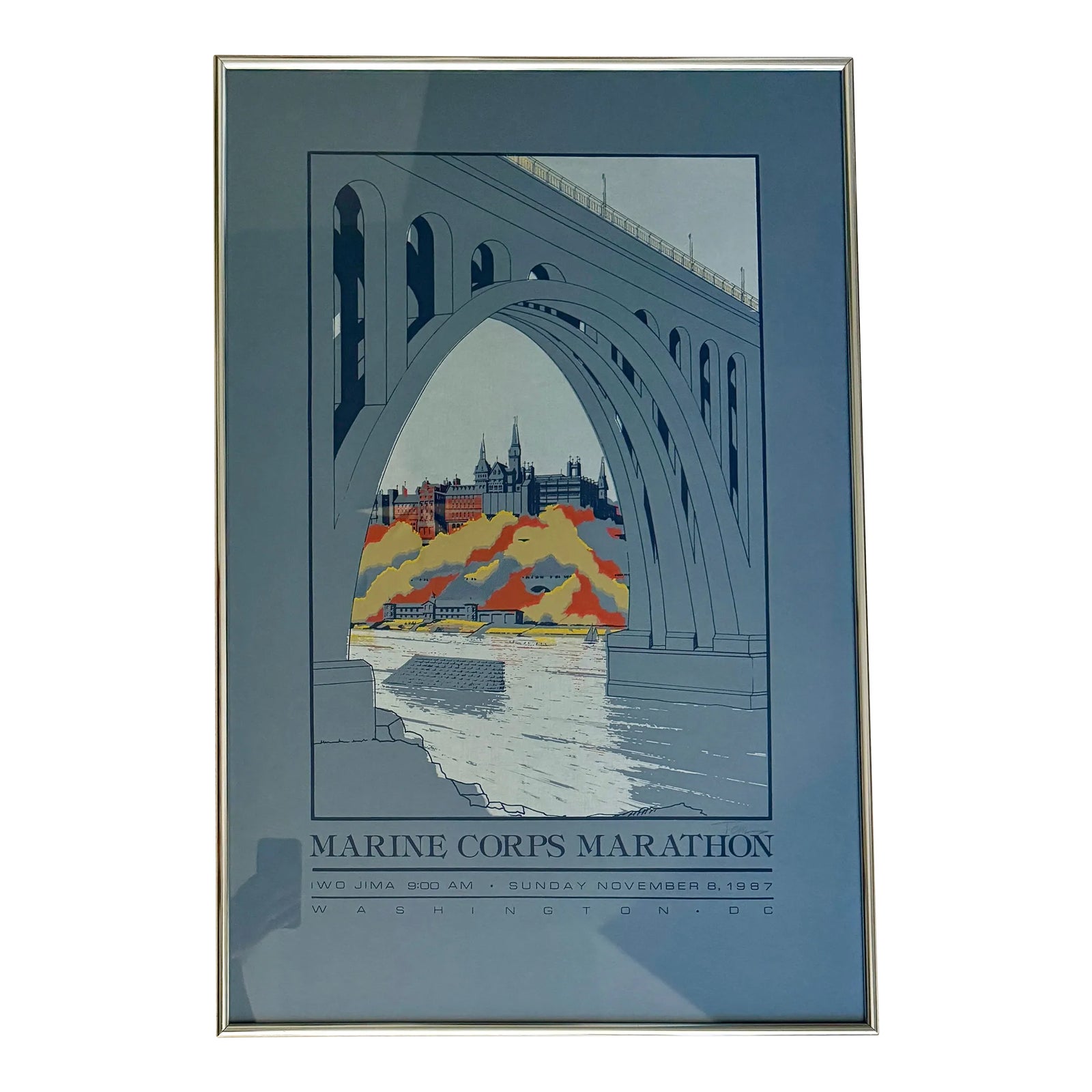 1987 Original Framed Marine Corps Marathon Commemorative Poster | Chairish
