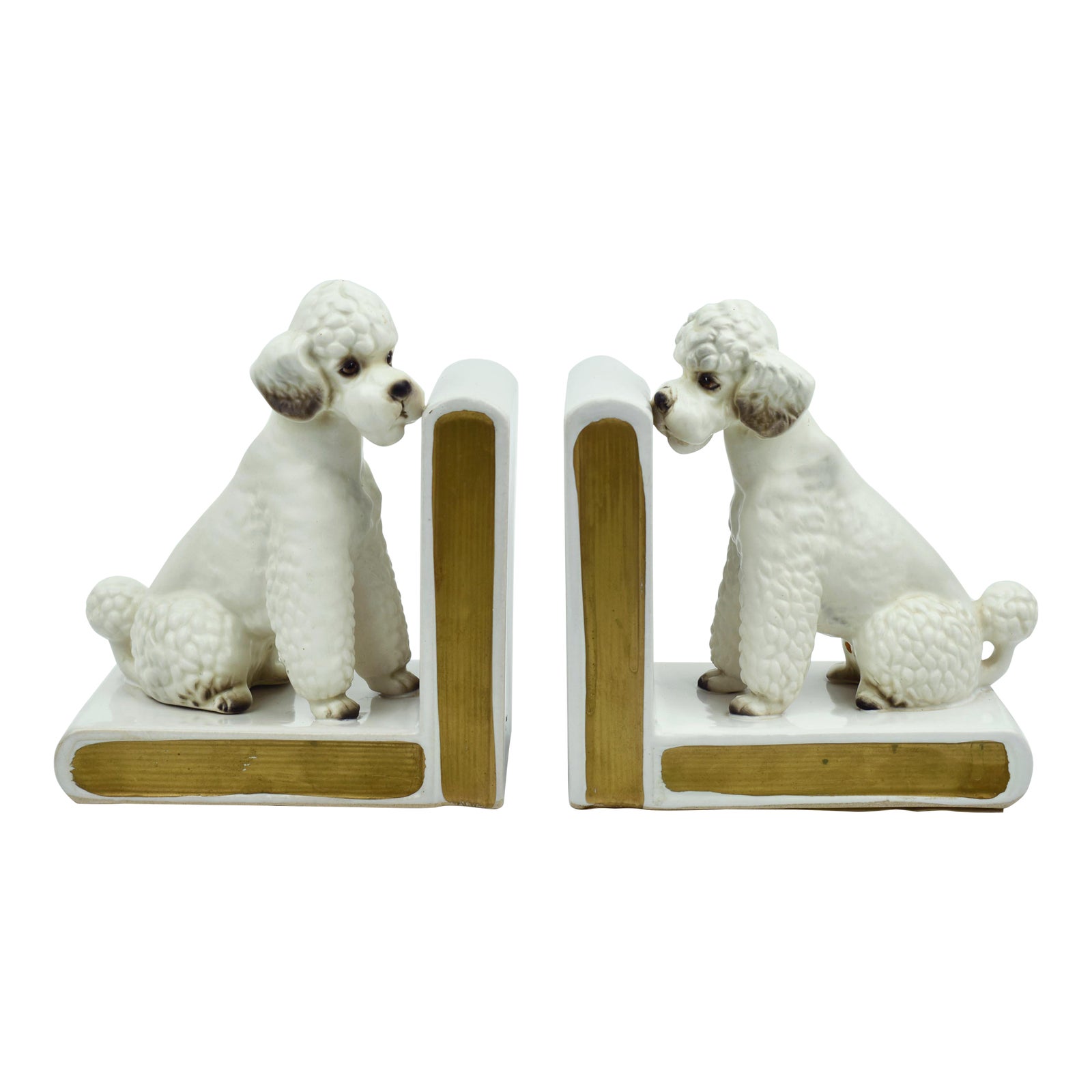 Mid 20th Century White and Gold Ceramic Sitting Poodle Dogs on Book ...