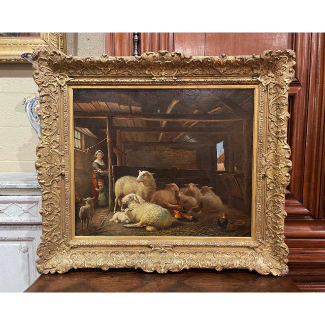 19th Century Dutch Sheep Painting in Carved Gilt Frame Signed Frans ...