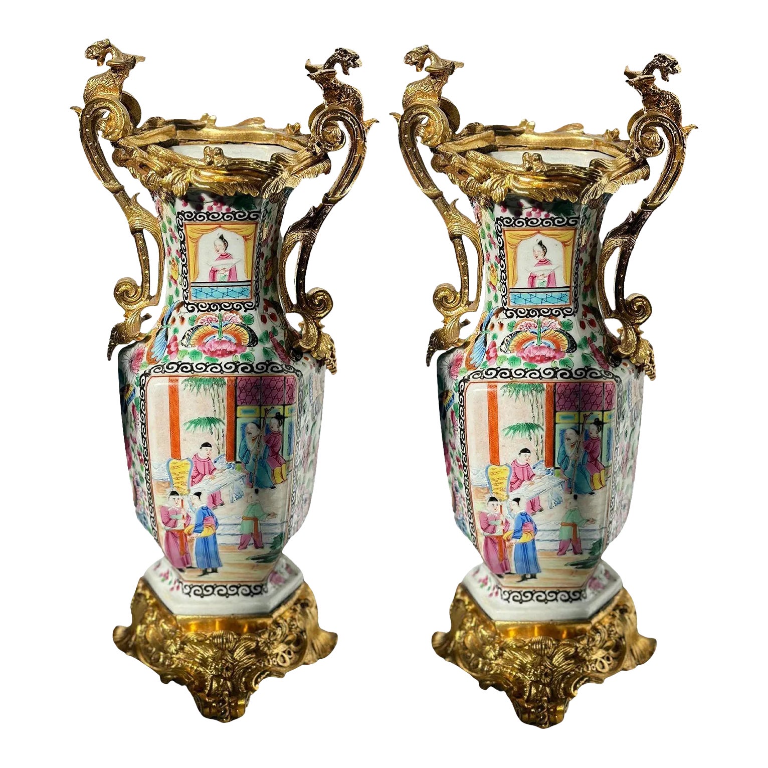 Early 19th Century Chinese Rose Canton Vases- Set of 2 | Chairish