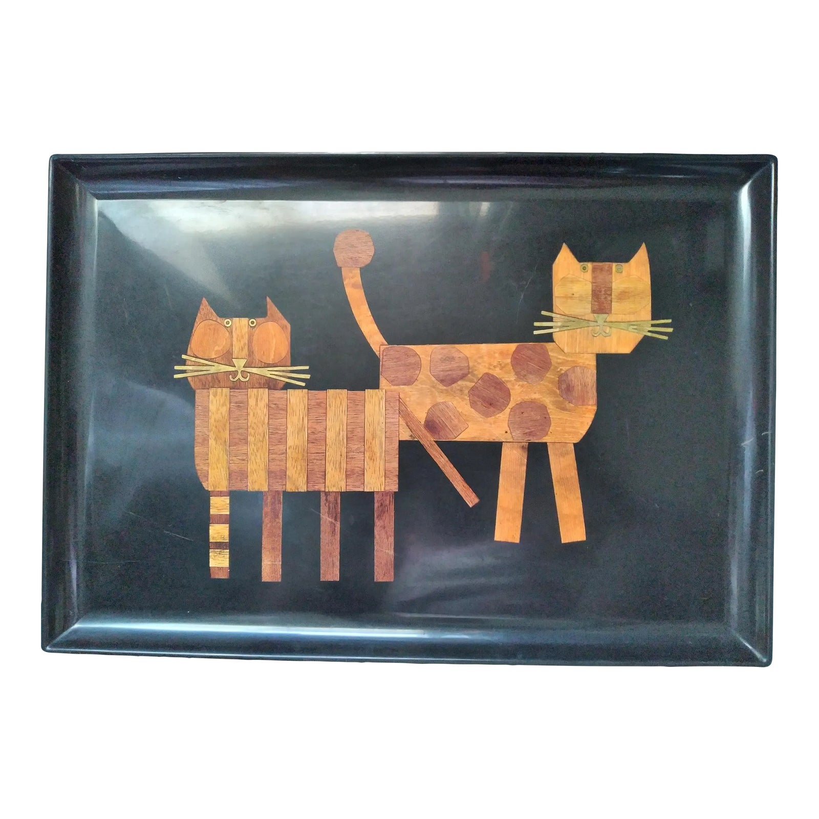 1960s Couroc Wood and Brass Inlay Cat Serving Tray | Chairish