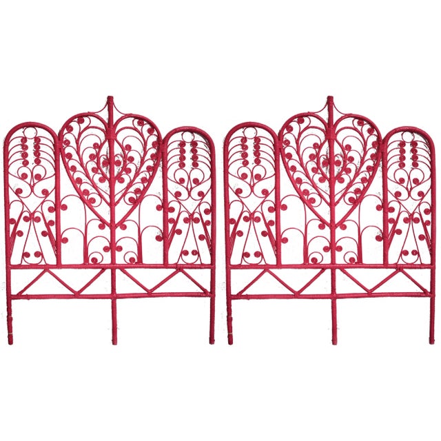 Mid Century Boho Rattan Heart Motif Twin Headboards - a Pair | Chairish