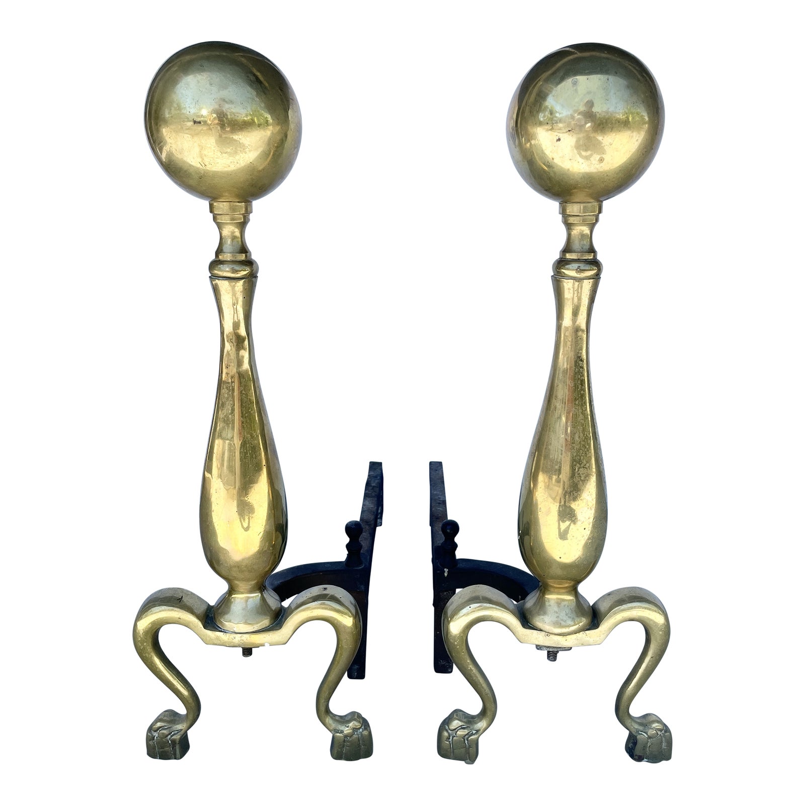Large Pair of Neoclassical Brass Andirons From 40's | Chairish