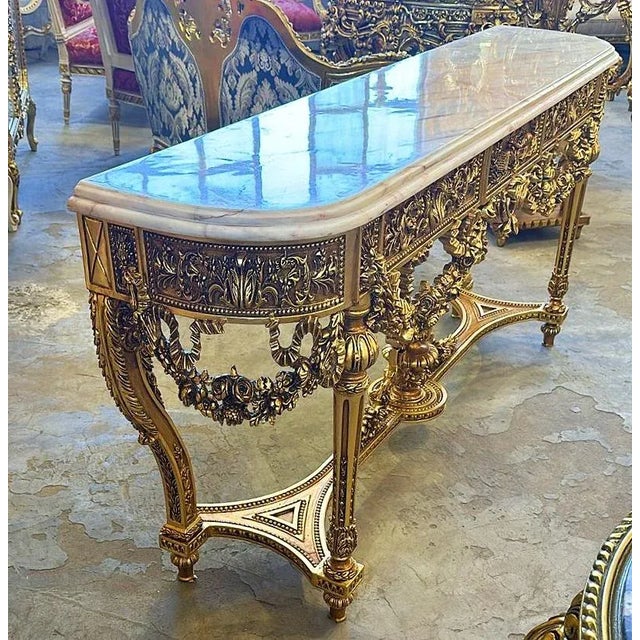 French Style Console Table Marble Topped Gold Details | Chairish