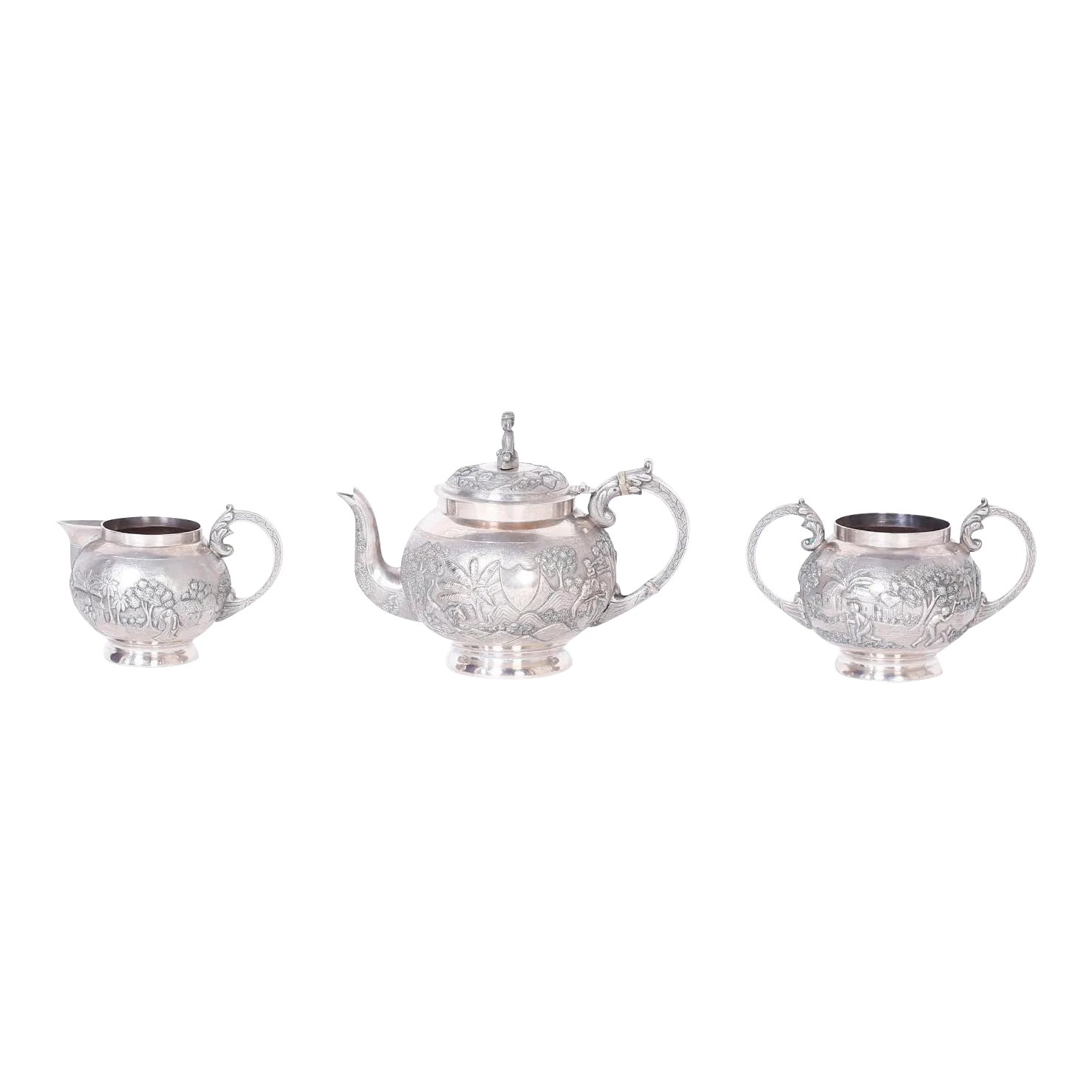 Three-Piece Antique Anglo Indian Silver Tea Service - Set of 3 | Chairish