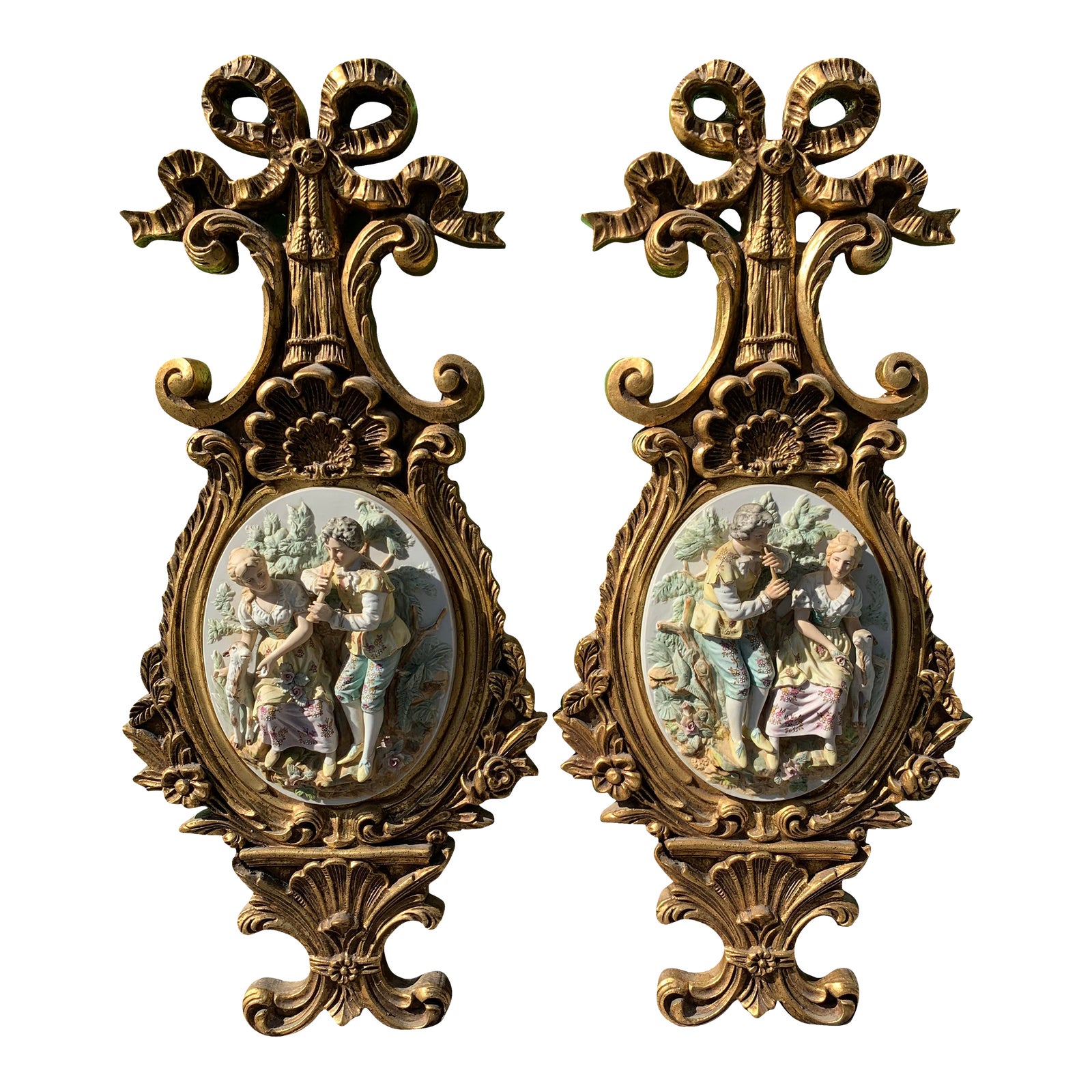 Vintage 1970s French Provincial Style Wooden With Ceramic Wall Plaques a Pair | Chairish