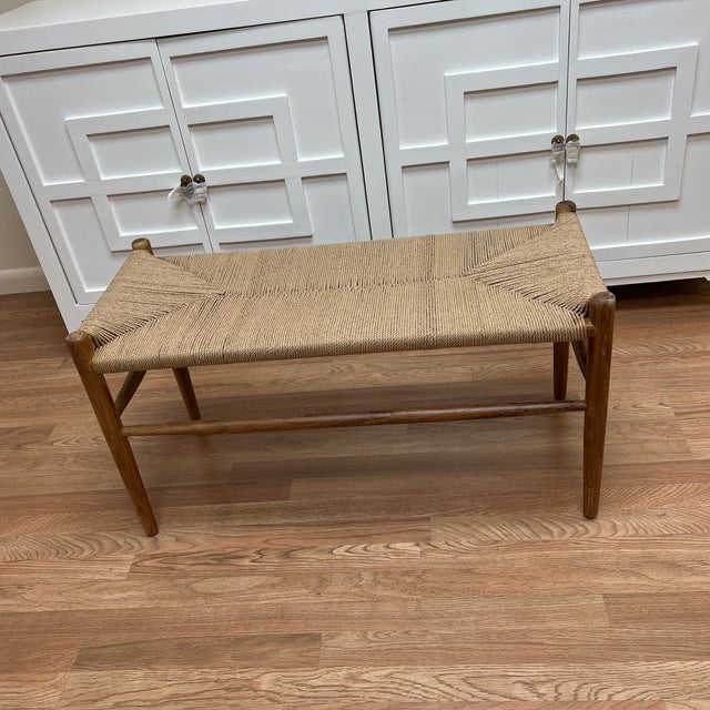 Natural Teak Wood and Rush Bench | Chairish