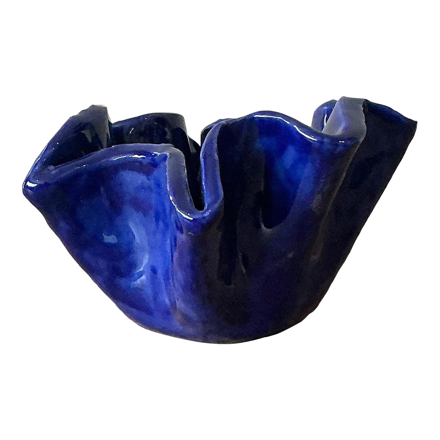 Vintage Boho Blue Ruffle Studio Pottery Bowl | Chairish