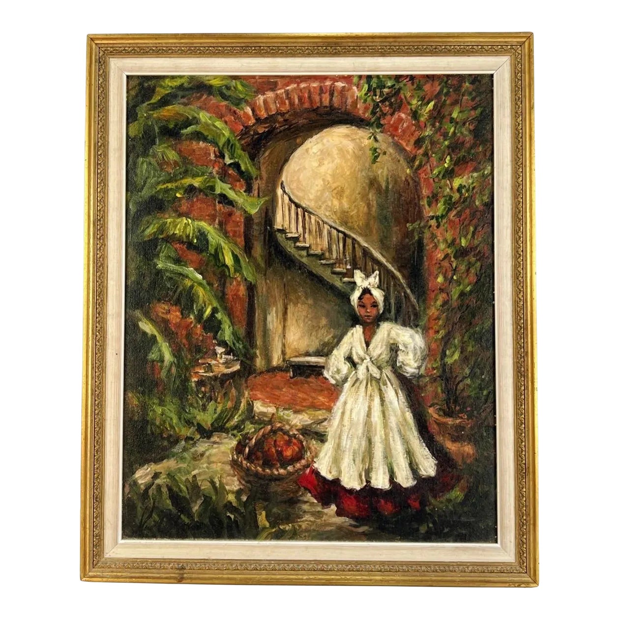 20th Century Vintage Oil Painting on Board of a Woman Standing in a ...