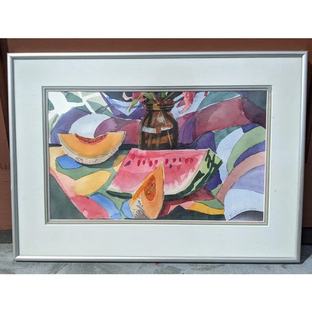 Vintage 1990s Cubist Fruit Still Life Watercolor Painting Framed and ...