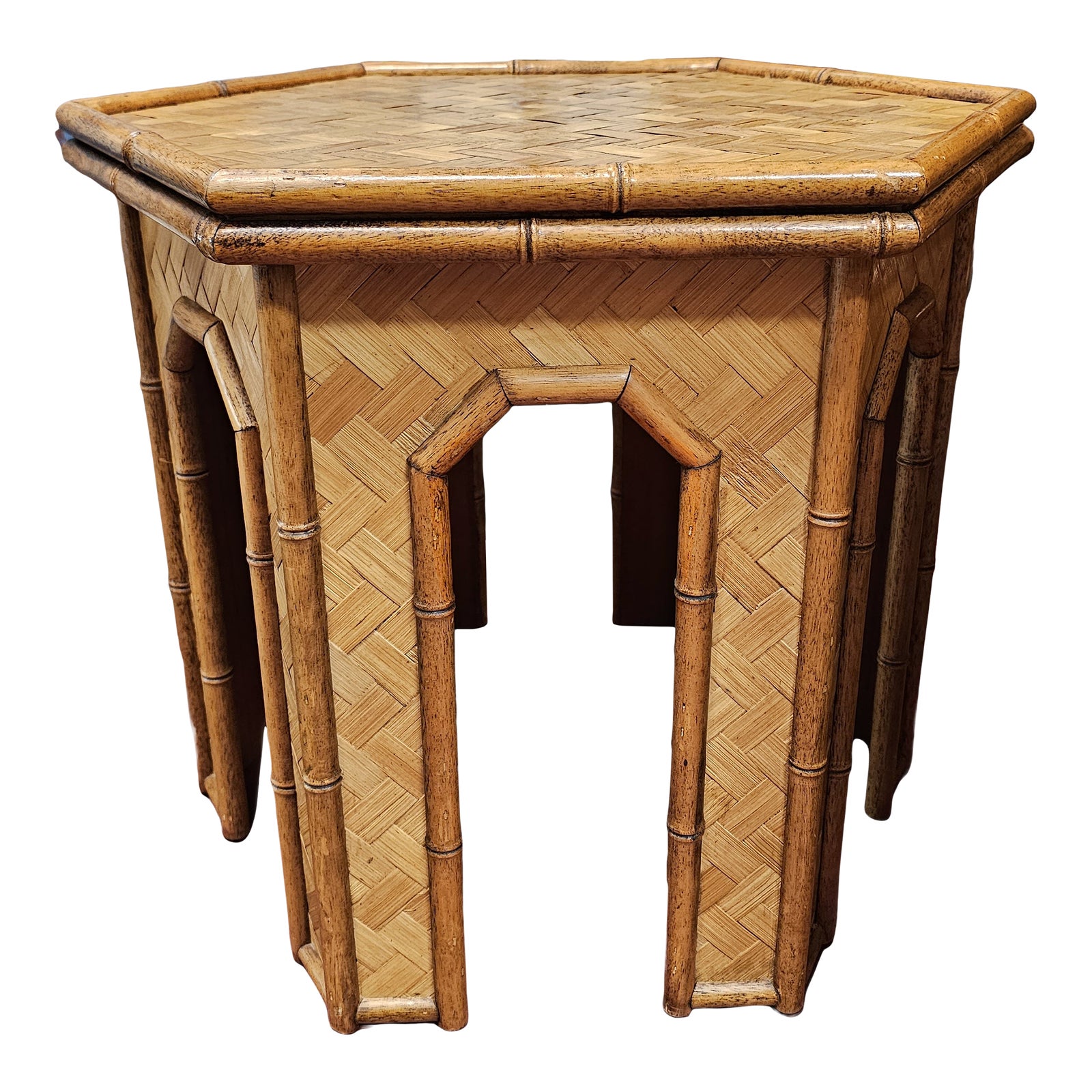Mid Century Modern Rattan and Faux Bamboo Basket Weave Hexagonal Side ...