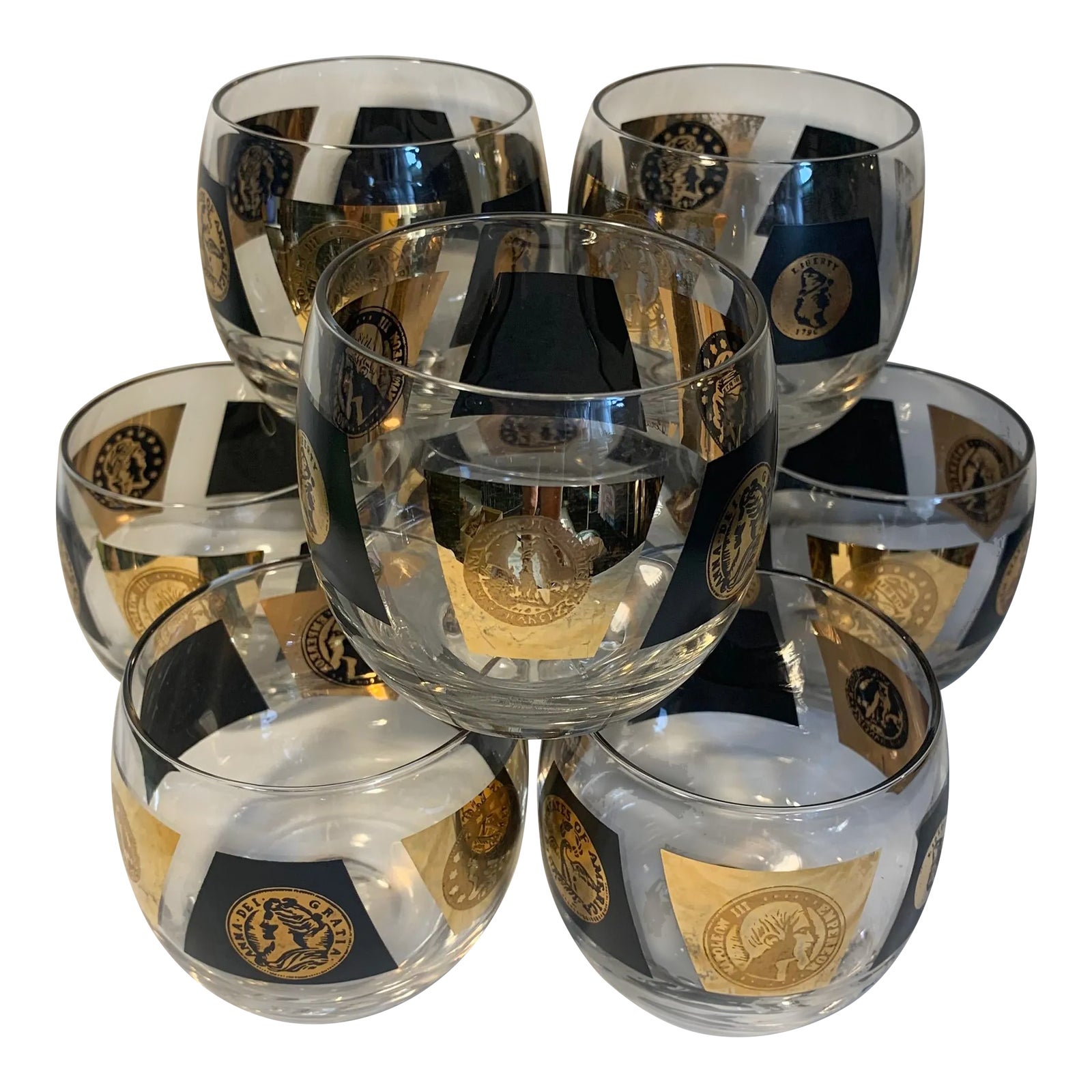 1960’s Vintage Gold and Black Round Glass Tumblers / Rocks Glasses- Set ...