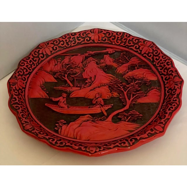 Chinese Hand Carved Cinnabar Red Plate | Chairish