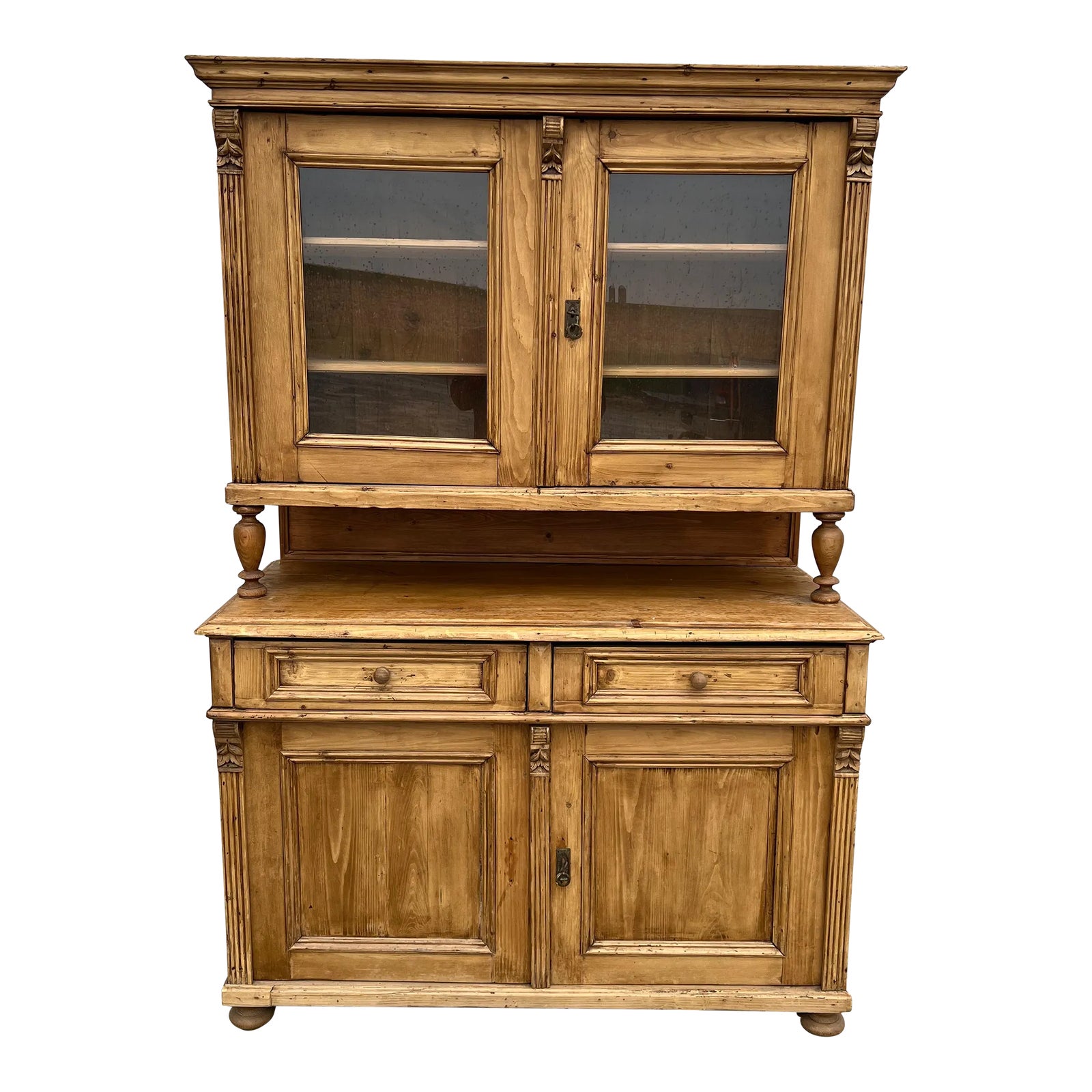 Early 1900s Pine & Glass Door Step-Back Hutch | Chairish
