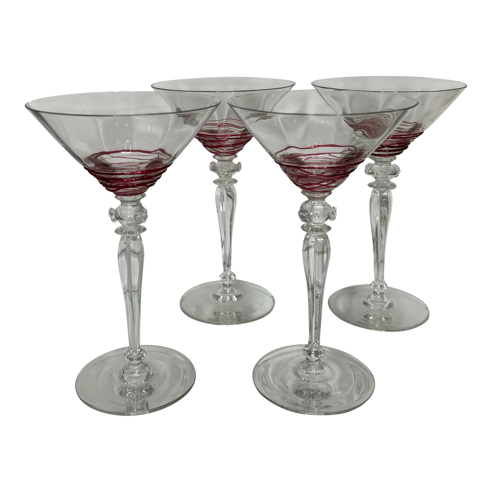 Early 20th Century Fry Studios Cranberry Thread Art Glass Martini Stems- Set of 4 | Chairish
