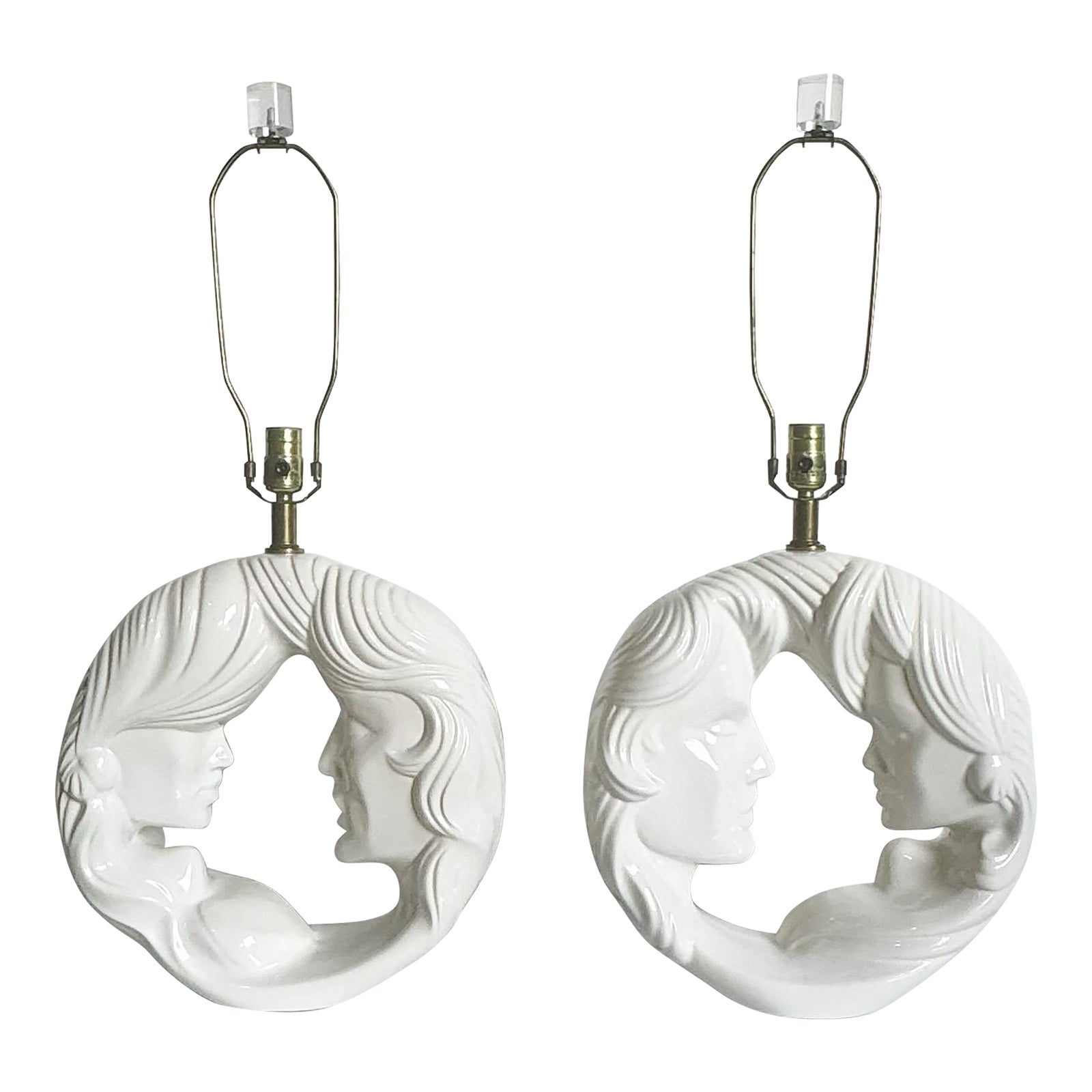 Postmodern White Gloss Ceramic Him/Her Face Table Lamps | Chairish
