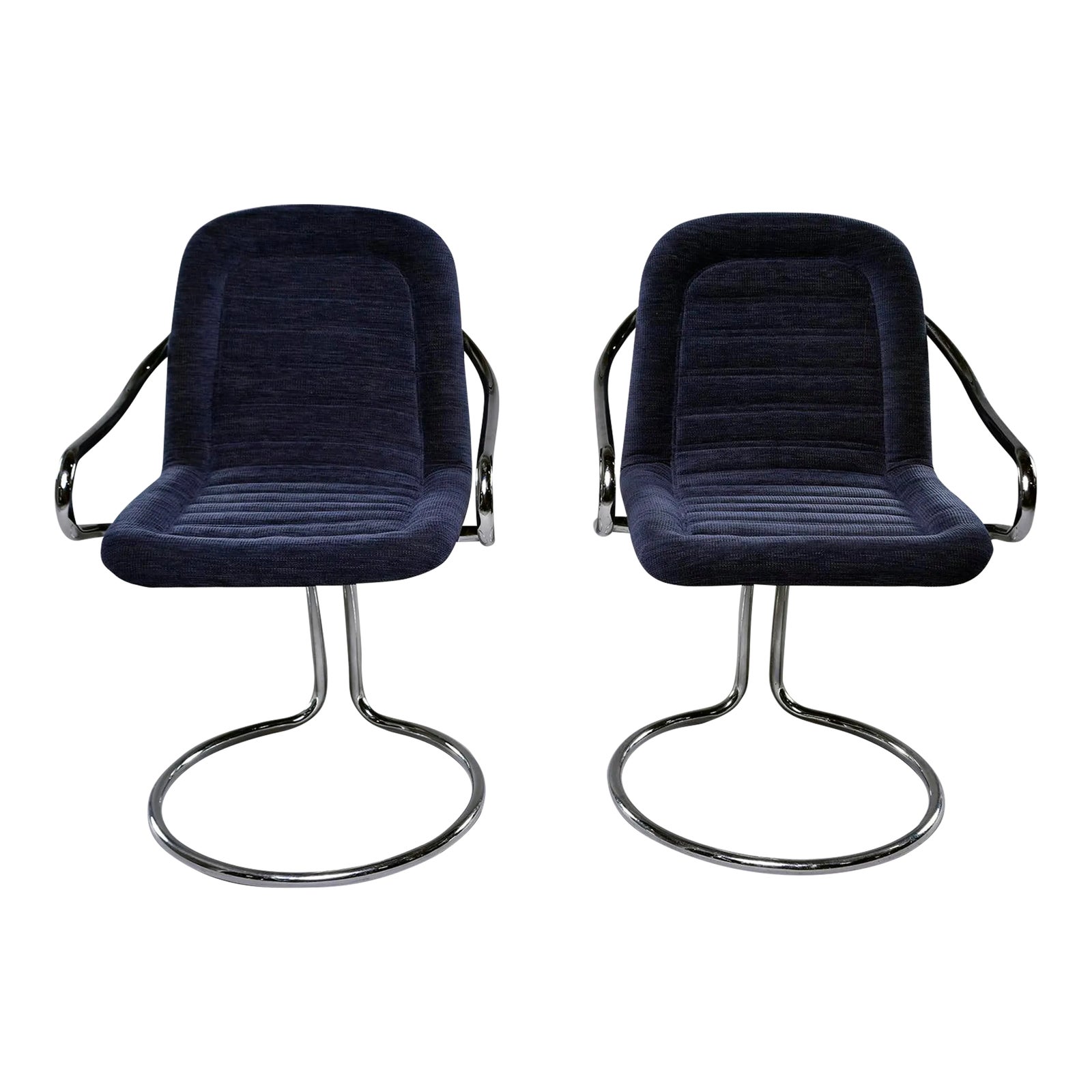 Navy Chenille Scoop Arm Chairs With Chrome Frames - Pair | Chairish