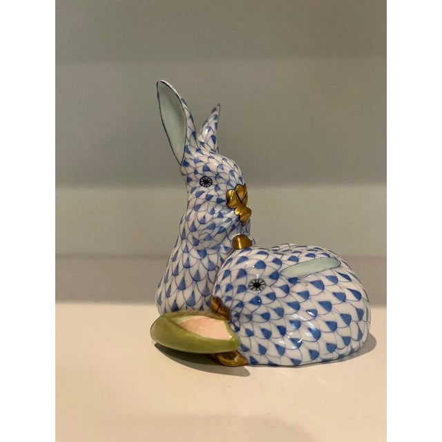 Herend Blue Fishnet Rabbit "Rabbit With Carrot Leaves" Figurine | Chairish