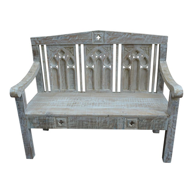 Gothic White Washed Wooden Bench | Chairish