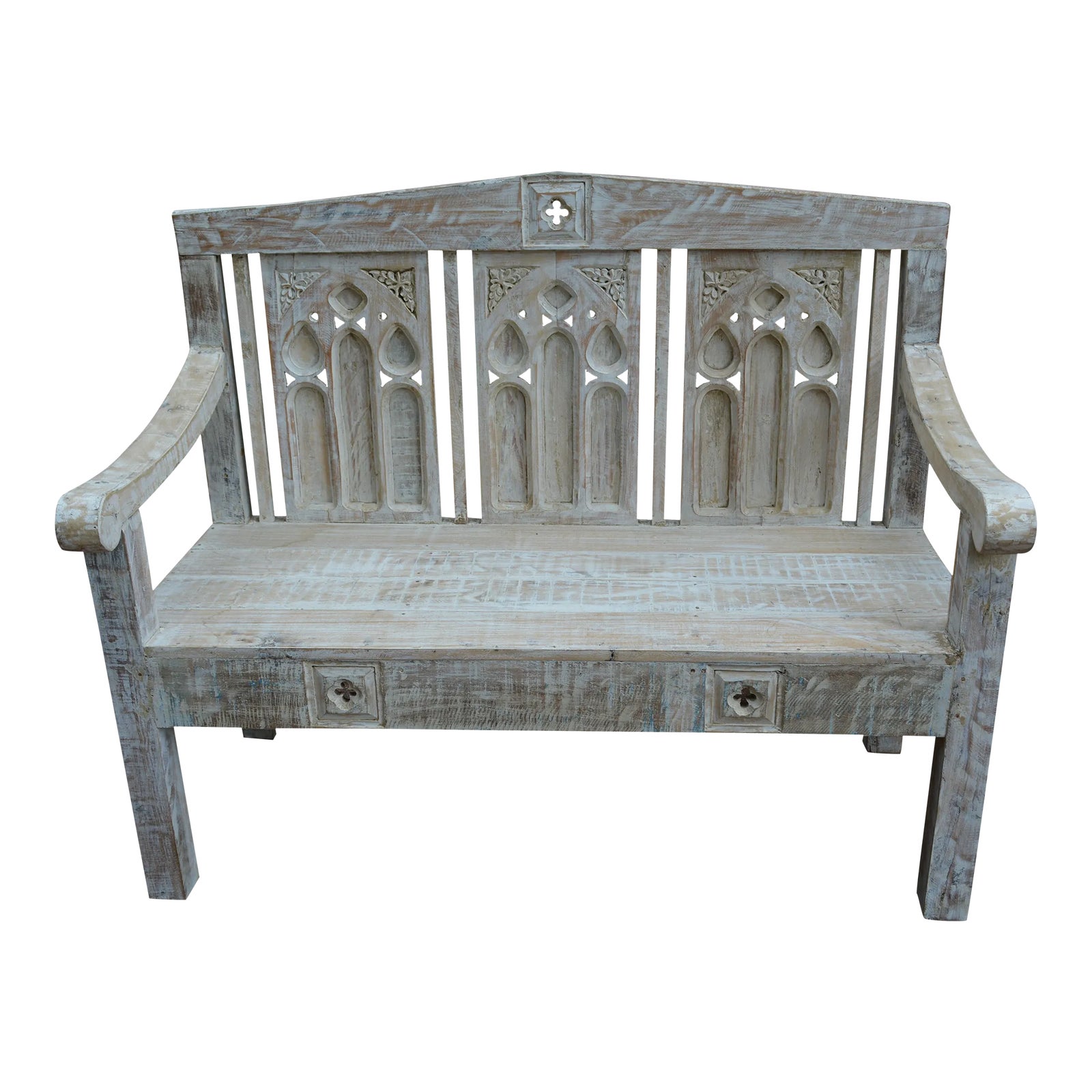 Gothic White Washed Wooden Bench Arched Carvings Mexico Hand Crafted ...